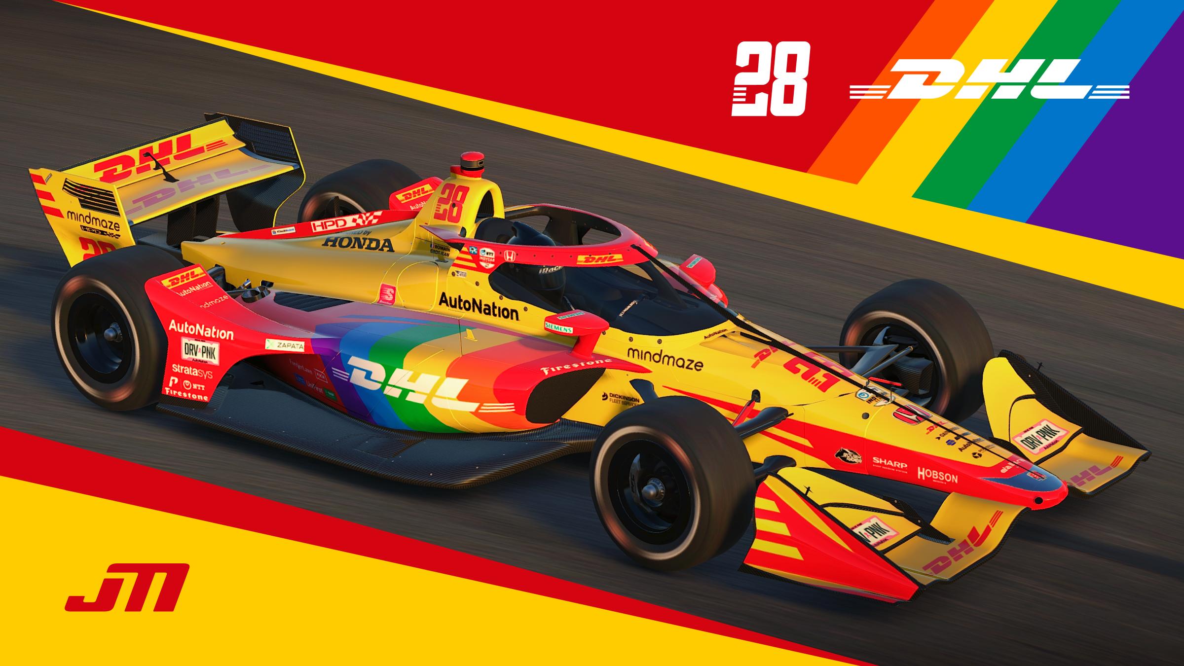 2022 Romain Grosjean #28 DHL Pride IndyCar with Custom Number by Jeff McKeand - Trading Paints